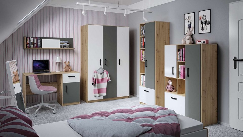 Stylefy Jugendzimmer Set Levi Iii Eiche Artisan Dekor Weiß Anthrazit