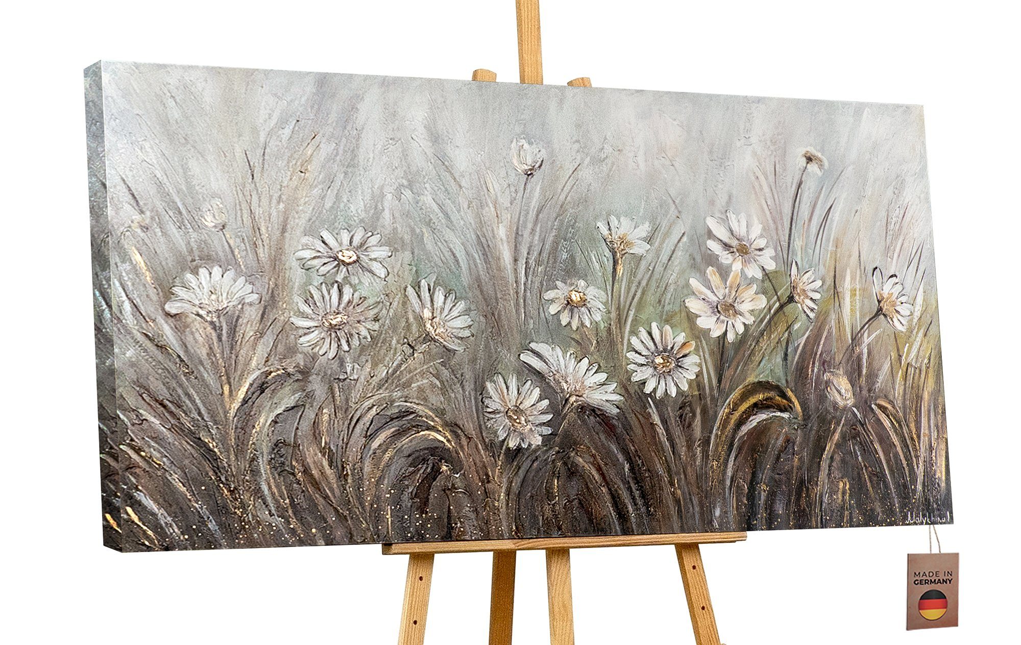 YS-Art Gemälde Gänseblümchen, Blumen, Blumen Leinwand Bild Handgemalt Schwarz Weiß