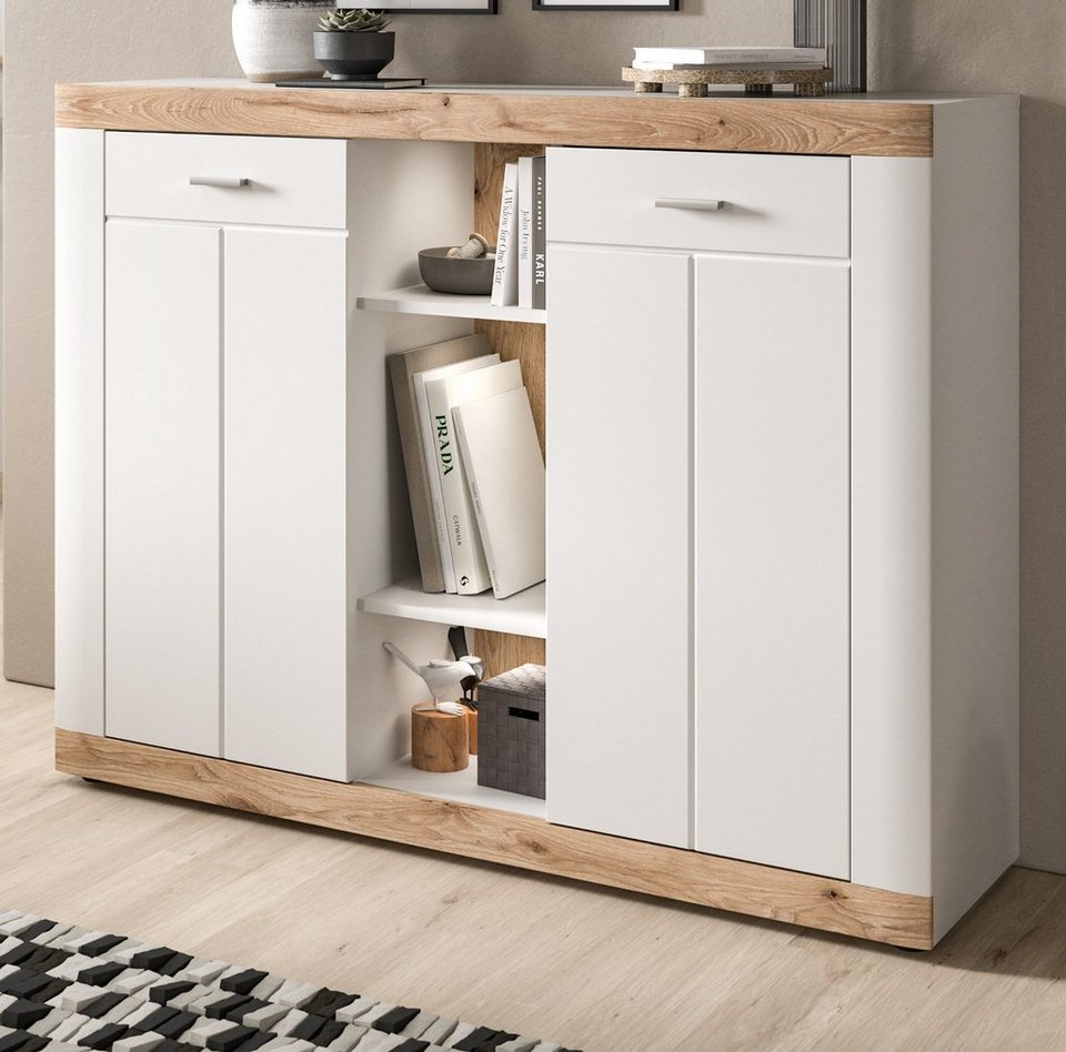 Xonoxhome Hochkommode Laredo Kommode In Weiß Landhaus Und Eiche 131