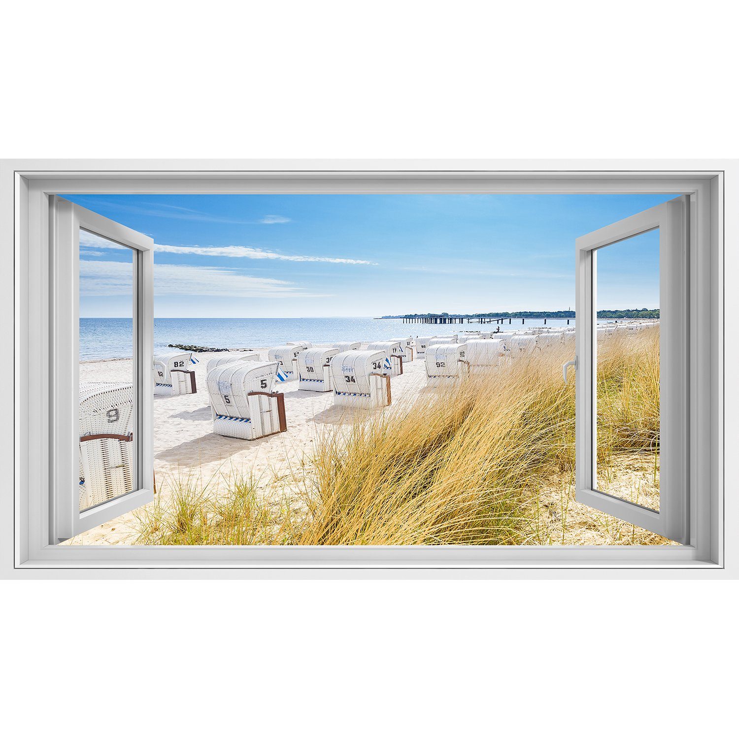 islandburner Leinwandbild Fensterblick Blick von Einer Düne auf Strandkörbe Sagenhafter Effekt W