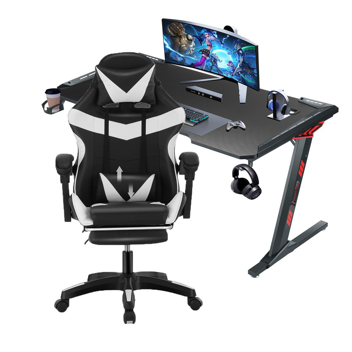 LETGOSPT Gamingtisch PC Gaming Schreibtisch und Gaming Stuhl Set 120cm LED Schreibtisch Z form Stabiler Computertisch Verstellbare Burostuhl Gamer Stuhl