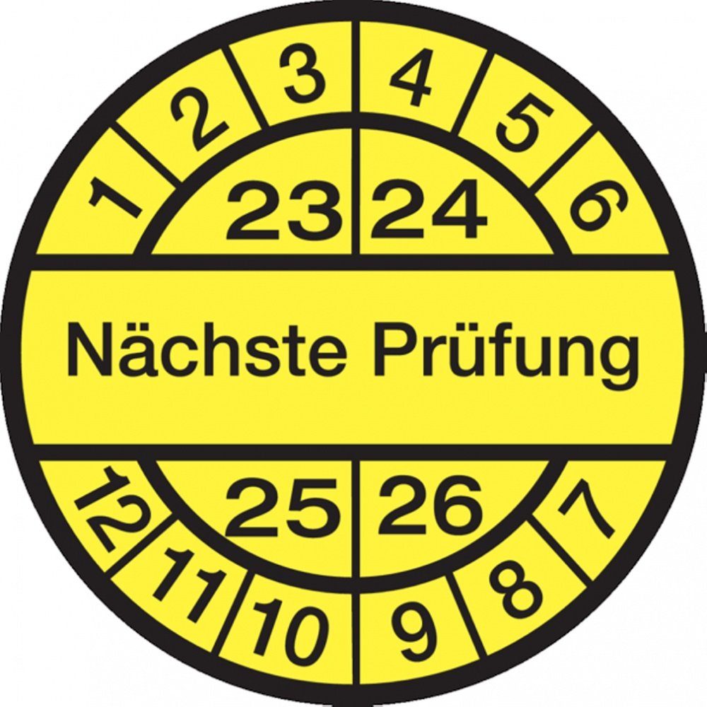 König Werbeanlagen Hinweisschild Prüfplak., Nächste Prüfung, schwarz/gelb, Folie, Ø12,5/30mm, 10 ...