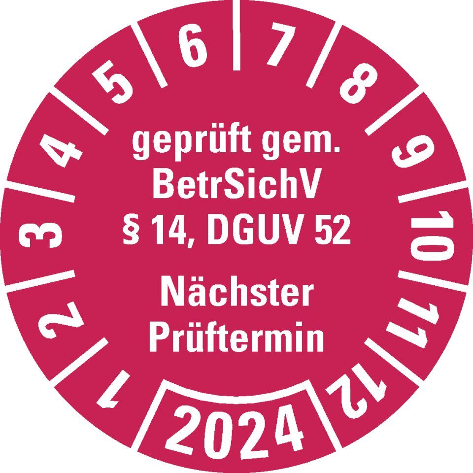 König Werbeanlagen Hinweisschild Prüfpl. BetrSichV §14,DGUV52,NP,2024,rot,Folie,Spezialkleber ...