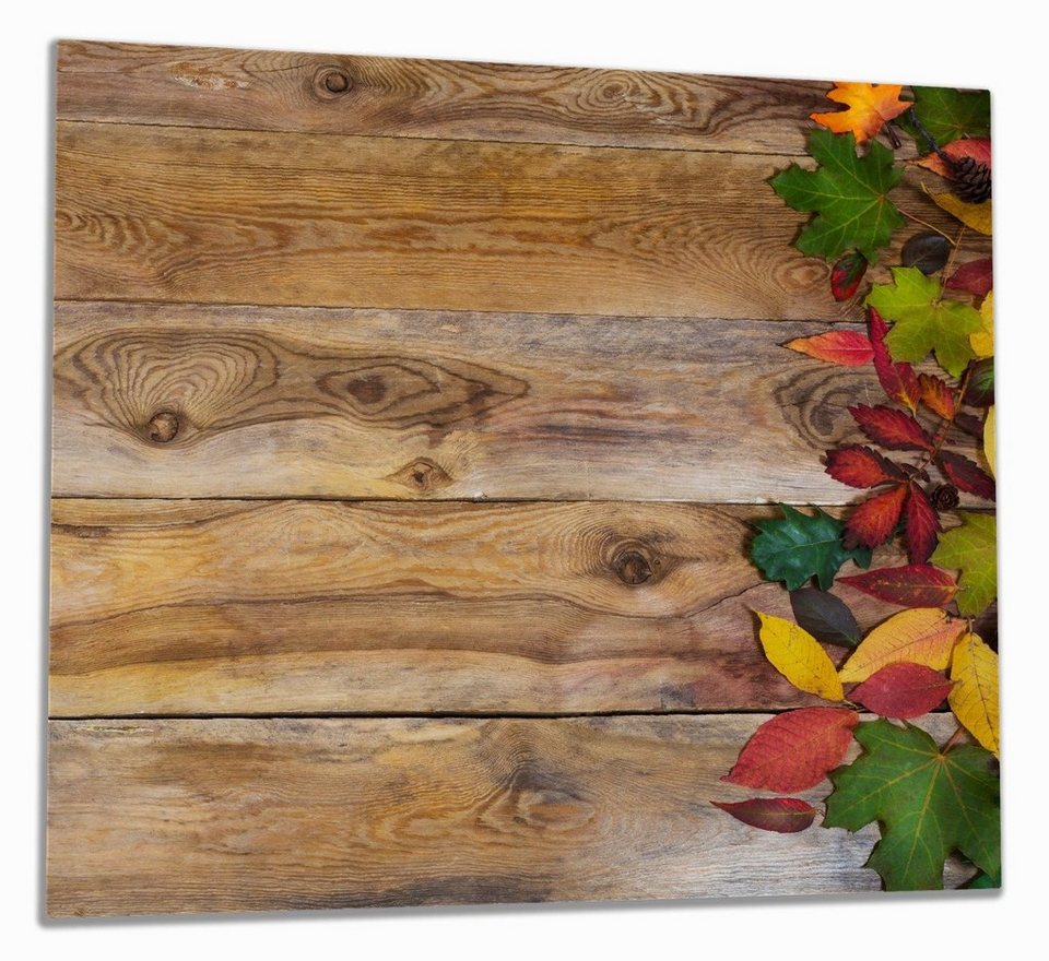 Wallario Herd Abdeckplatte Herbstlaub Auf Holzbrettern Esg