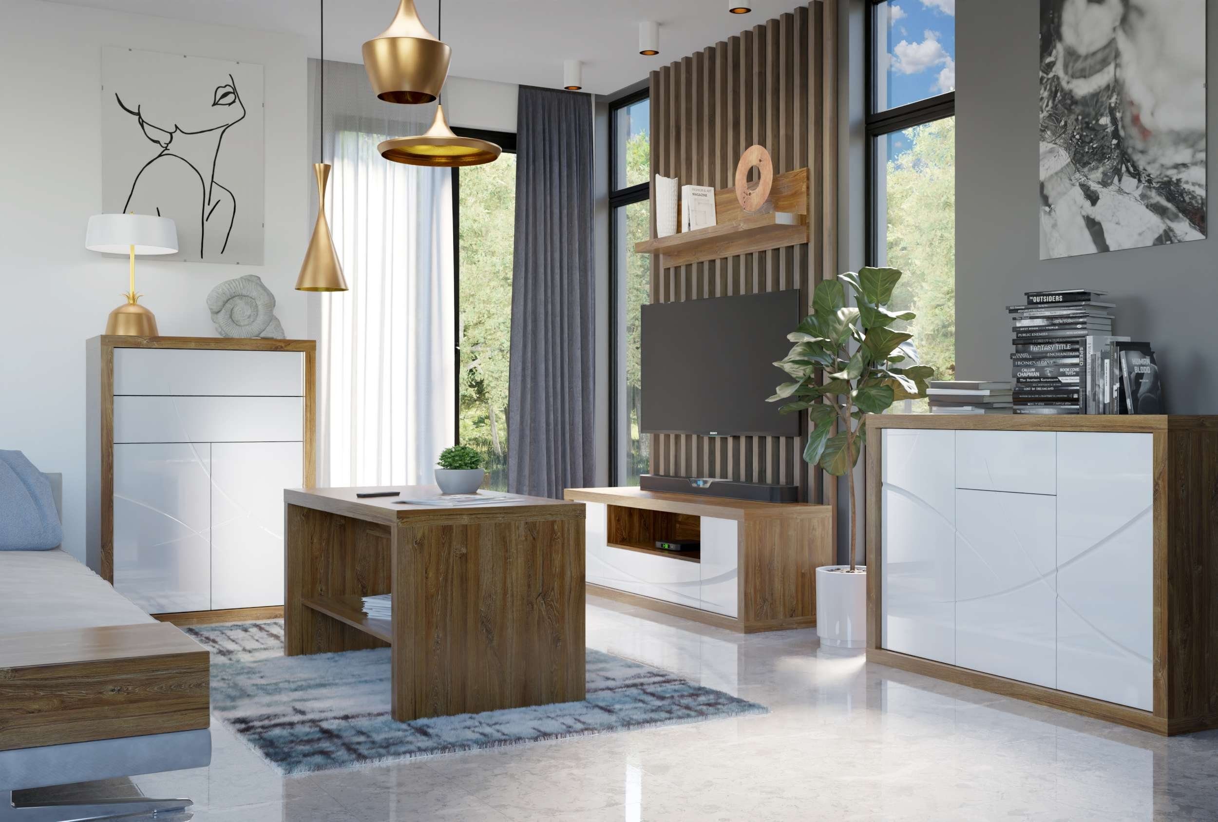 99rooms Wohnwand Parisel Stirling Eiche Weiß Hochglanz Set 5 St