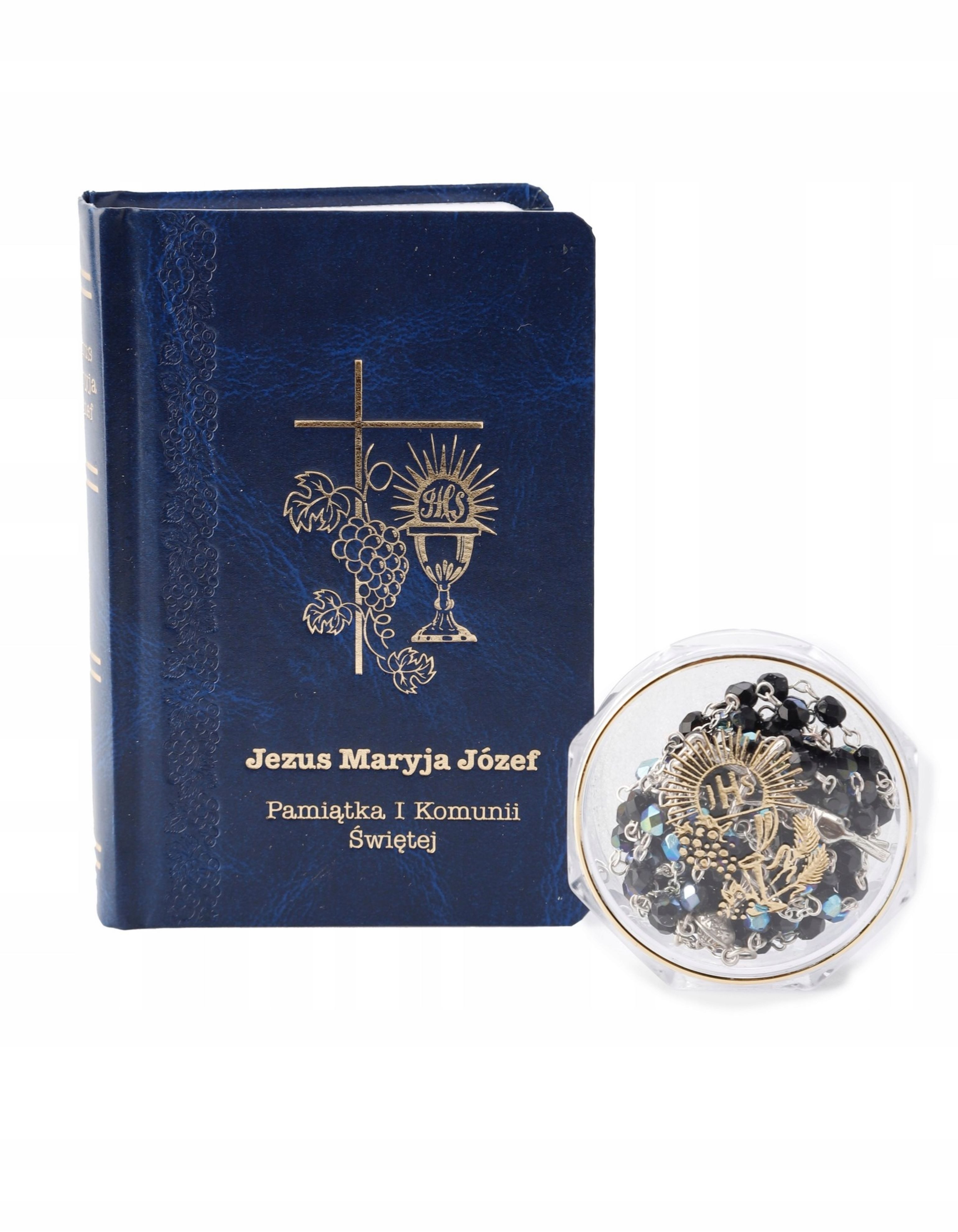 Sacramenta Kommunionskarte Erstkommunion-Set: Blauer Rosenkranz & Gebetsbuch IHS