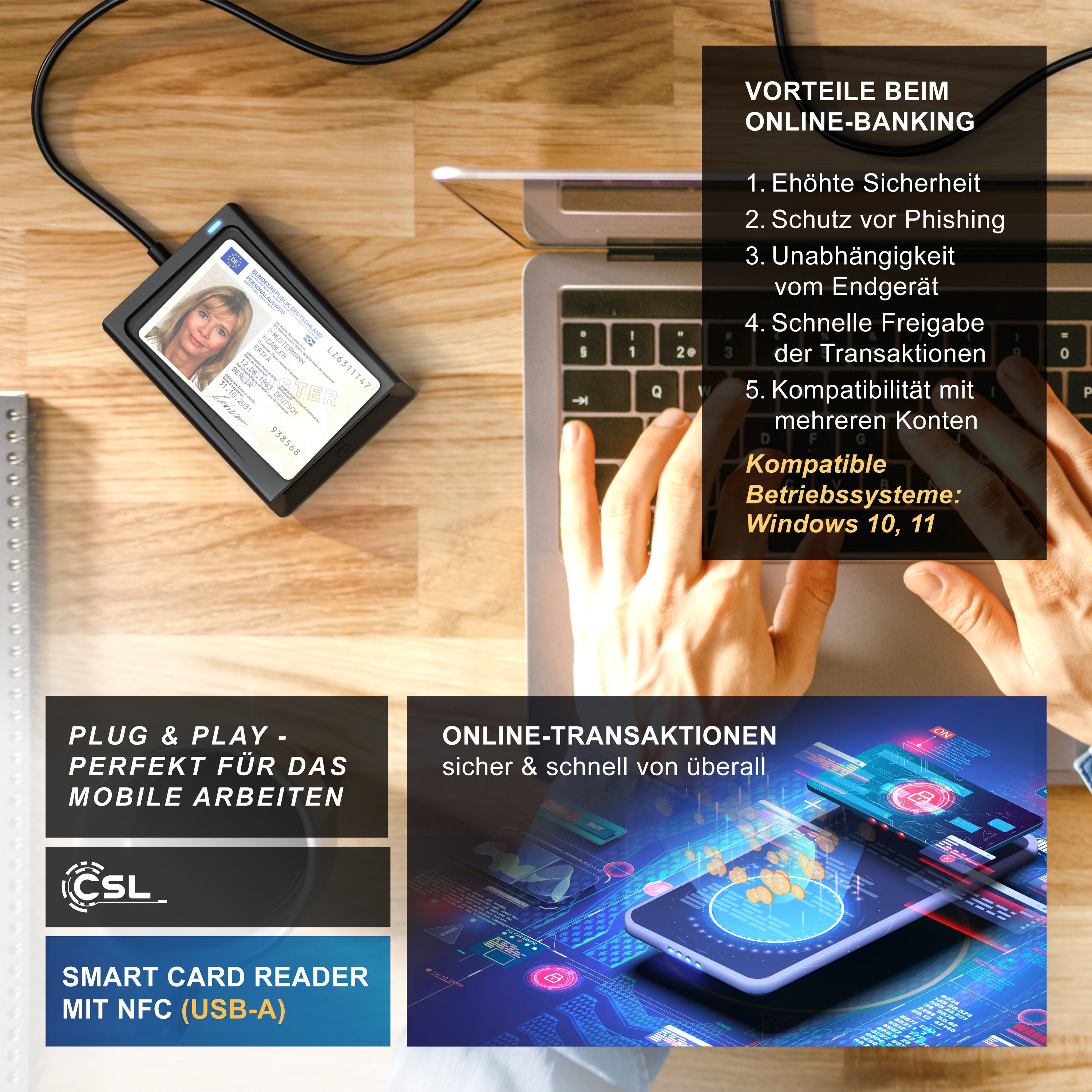 CSL Speicherkartenleser USB Smart Card Reader mit NFC, Chipkartenleser ...