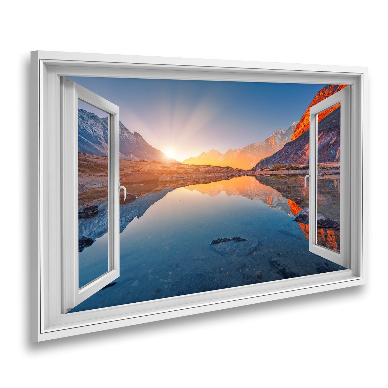 islandburner Leinwandbild Fensterblick Wunderschöne Landschaft mit hohen Bergen mit beleuchteten