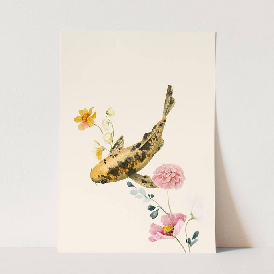 Sinus Art Wandbild Wandbild Goldener Koi Blumen Blüten Kunstvoll