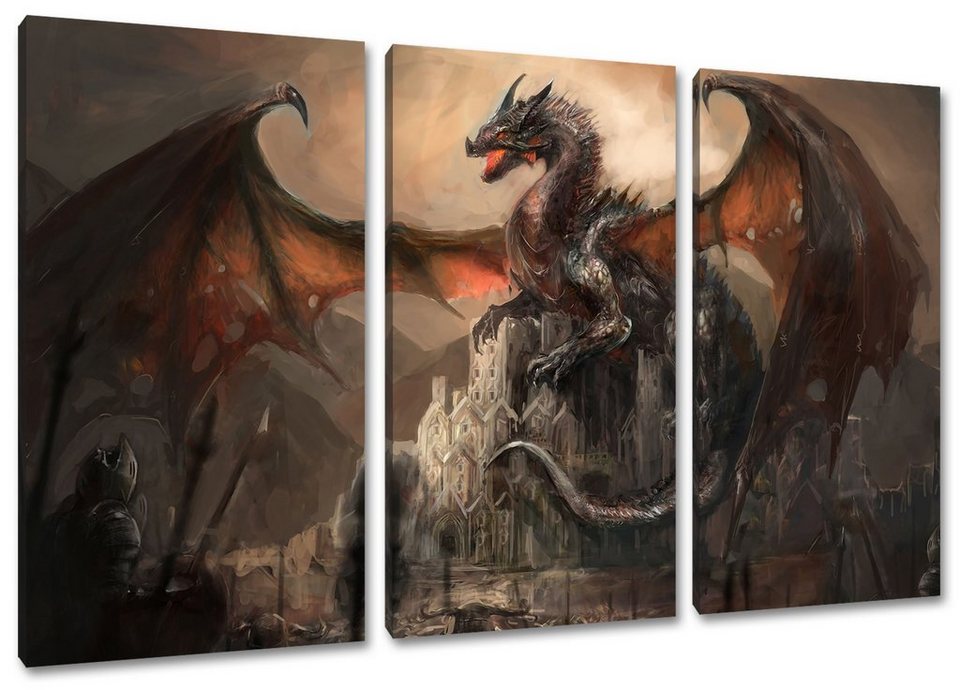Pixxprint Leinwandbild Drache Schützend über Burg Drache Schützend