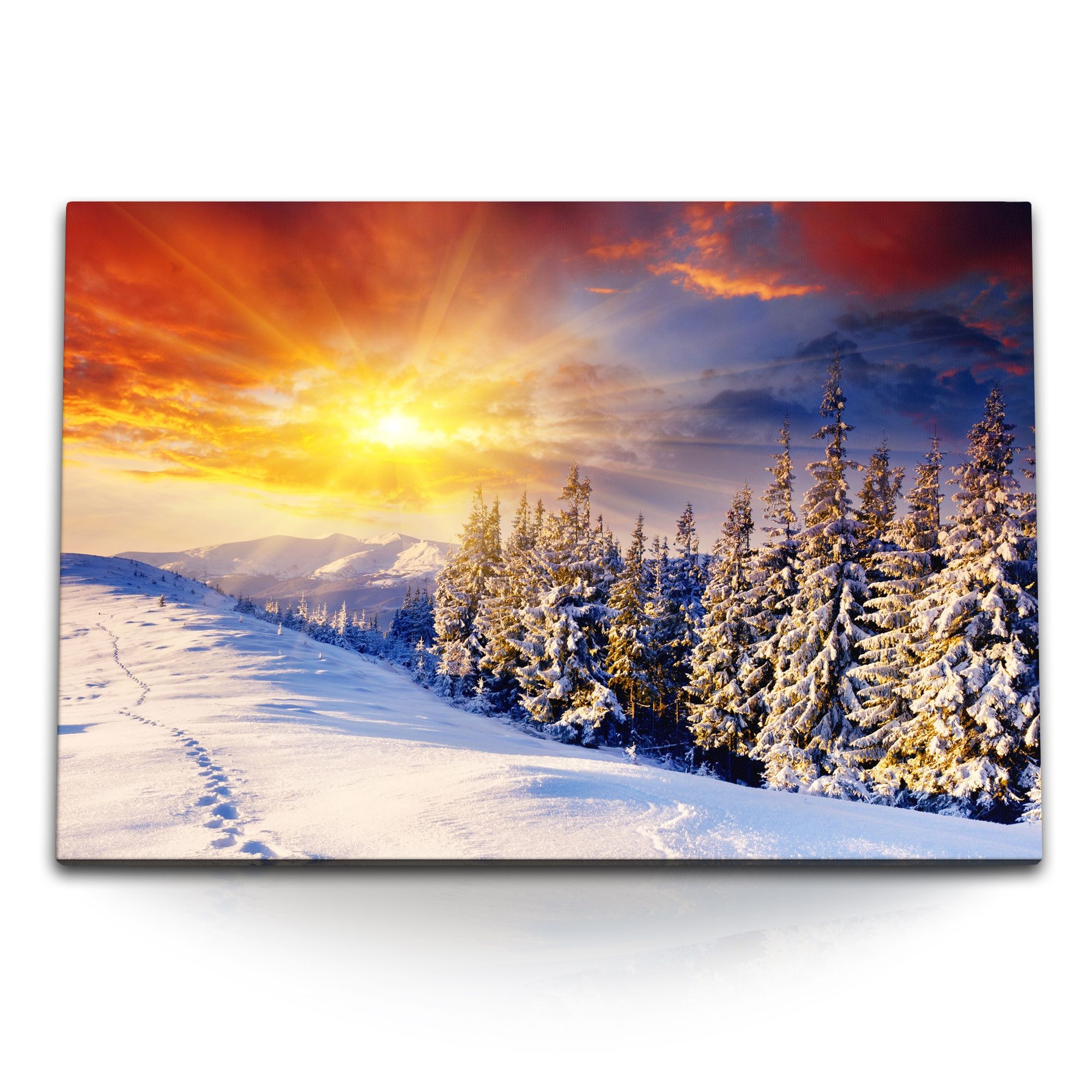 Sinus Art Leinwandbild 120x80cm Wandbild auf Leinwand Winterlandschaft Berge Sonnenuntergang, (1 St)