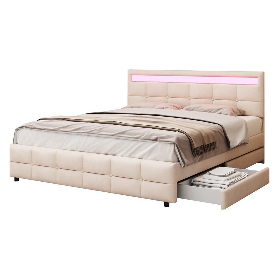 Ulife Polsterbett Doppelbett Mit 4 Schubladen Led Samt Verstellbares