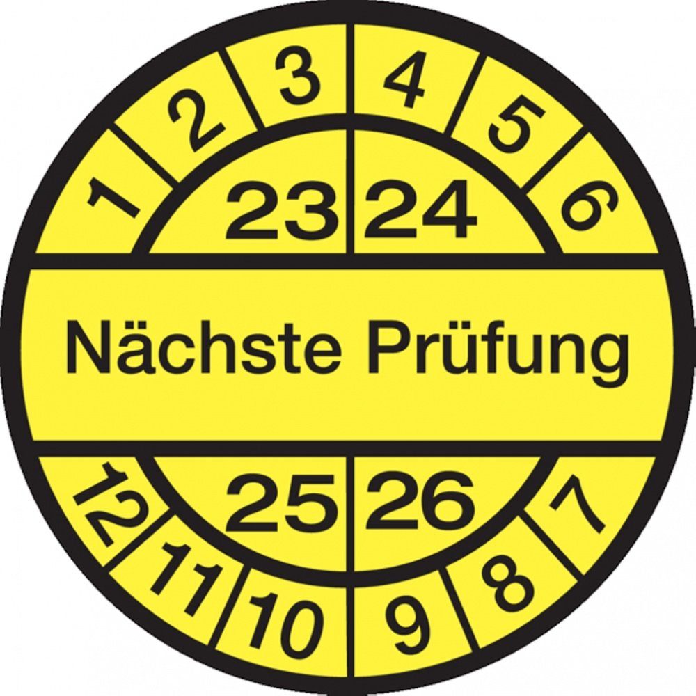 König Werbeanlagen Hinweisschild Prüfplak., Nächste Prüfung, gelb/schwarz, Folie, Ø30mm, Box à ...
