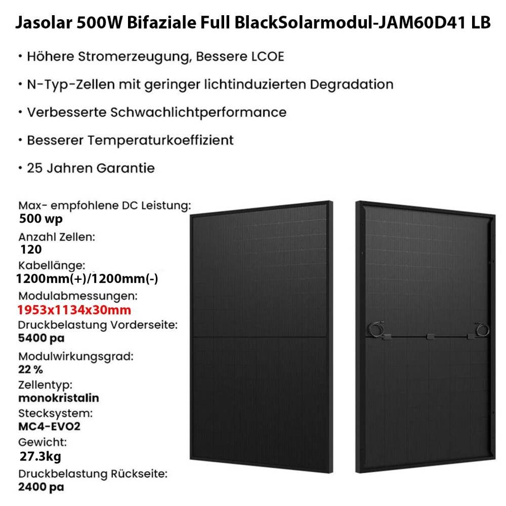 JA SOLAR Balkonkraftwerk JA Solar 500Wp Full Black Bifaziale Solarmodule
