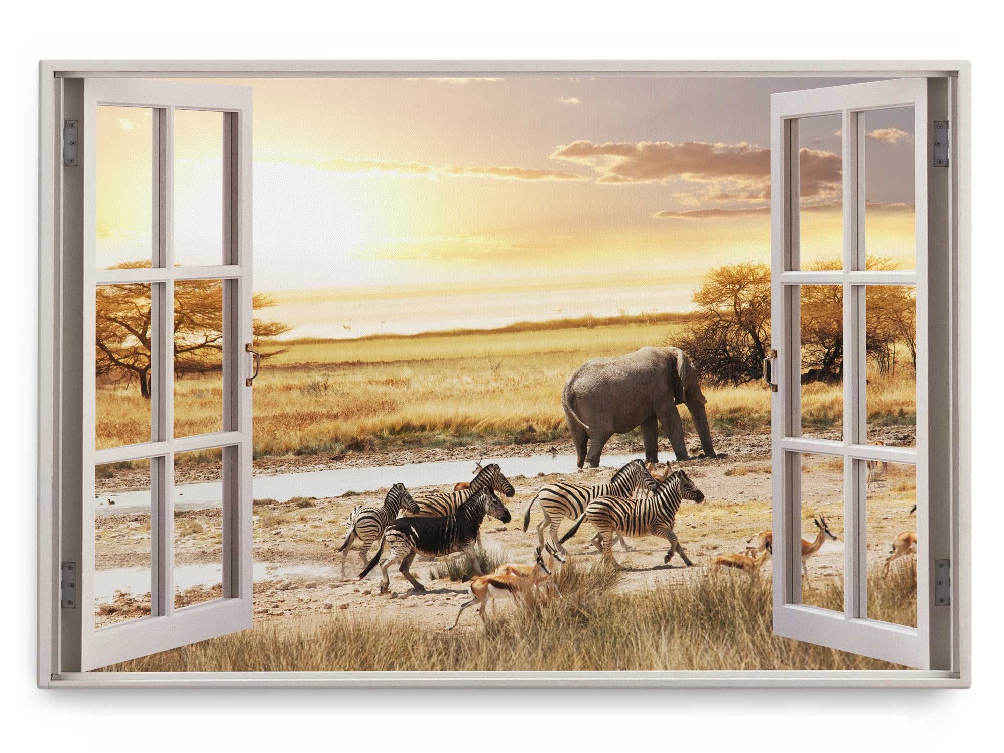 Sinus Art Leinwandbild Wandbild 120x80cm Fensterbild Afrika Safari Tiere Natur Elefant Zebras ...