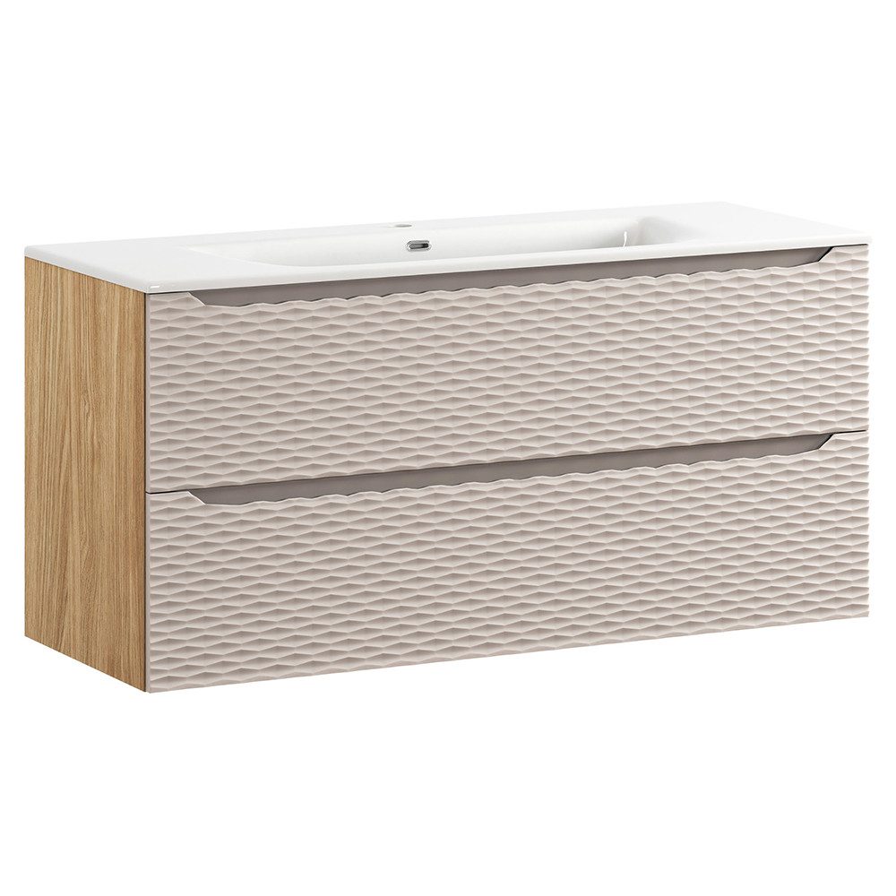Lomadox Waschtisch OLUO-56-BEIGE, 120cm mit Keramik-Waschbecken, Eiche mit beige, 3D-Oberfläche ...