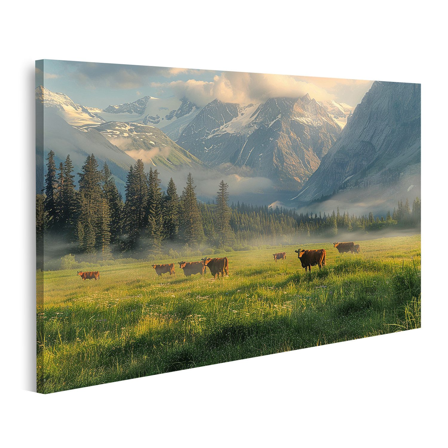 islandburner Leinwandbild, Kühe auf einer Almwiese mit Bergpanorama im Nebel, Format: 80x40cm