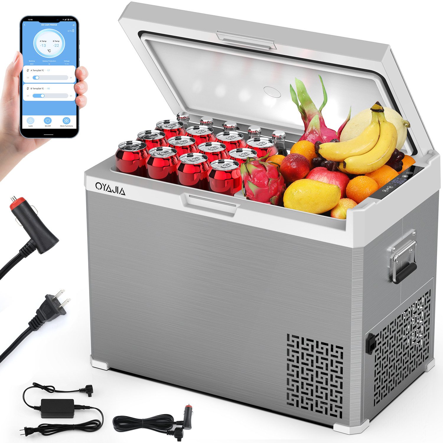 Oyajia Kühlbox Kompressor Kühlbox 2in1 Doppelzone Kühl Gefrierfach 50