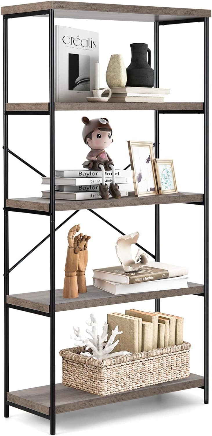 KOMFOTTEU Bücherregal Standregal, mit 5 Ebenen, X-förmige Verstärkungsbalken & Kippschutz