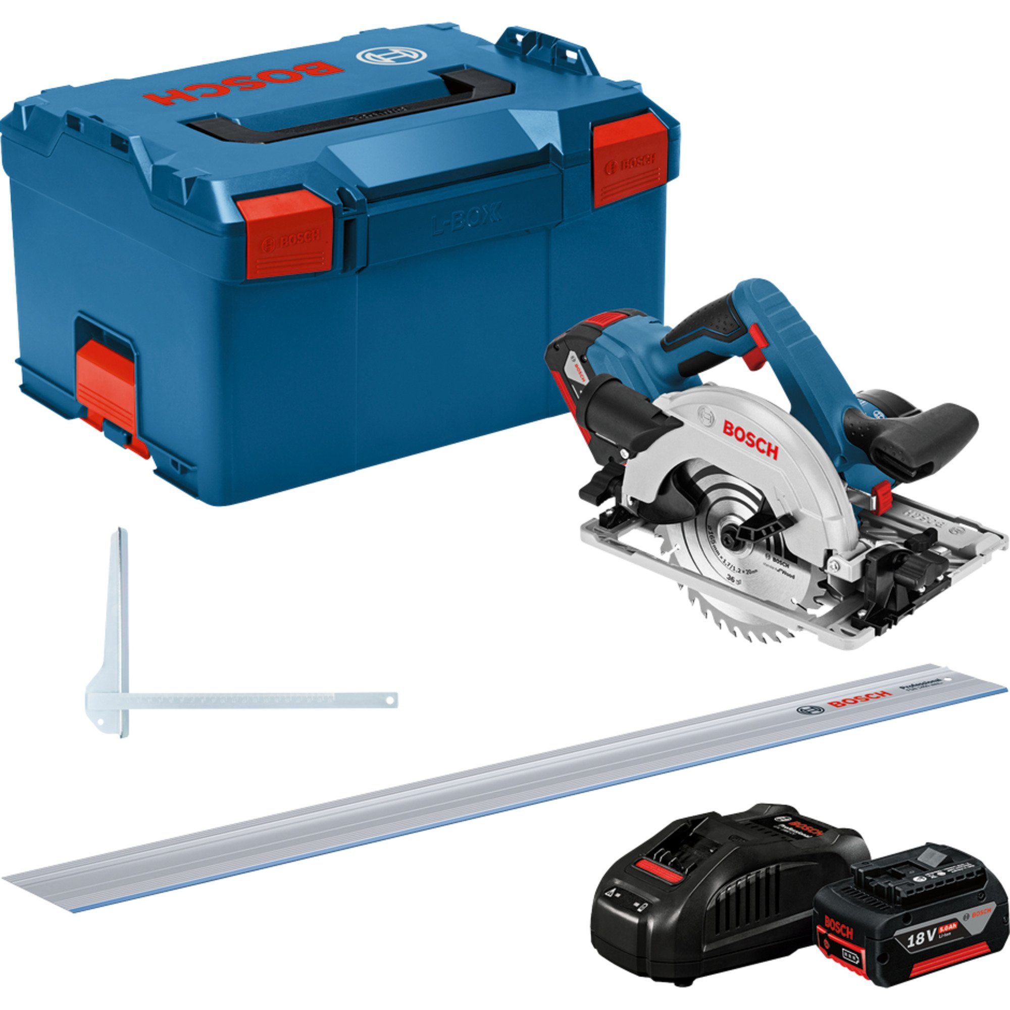Bosch Professional Akku-Handkreissäge GKS 18V-57 G, Kreissäge + FSN 1400 mit 2x Akku 5 Ah - in L ...