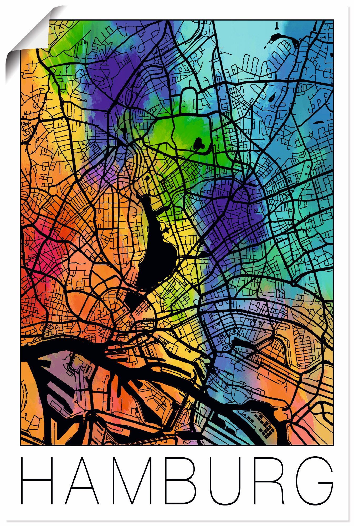 Artland Wandbild Retro Karte Hamburg Deutschland Aquarell