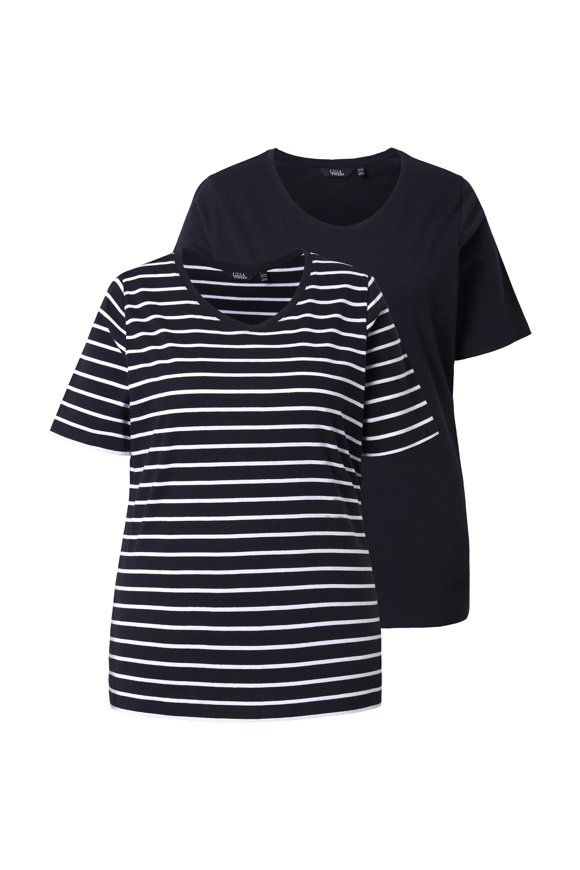 Ulla Popken T-Shirt T-Shirts 2er-Pack uni/Streifen V-Ausschnitt