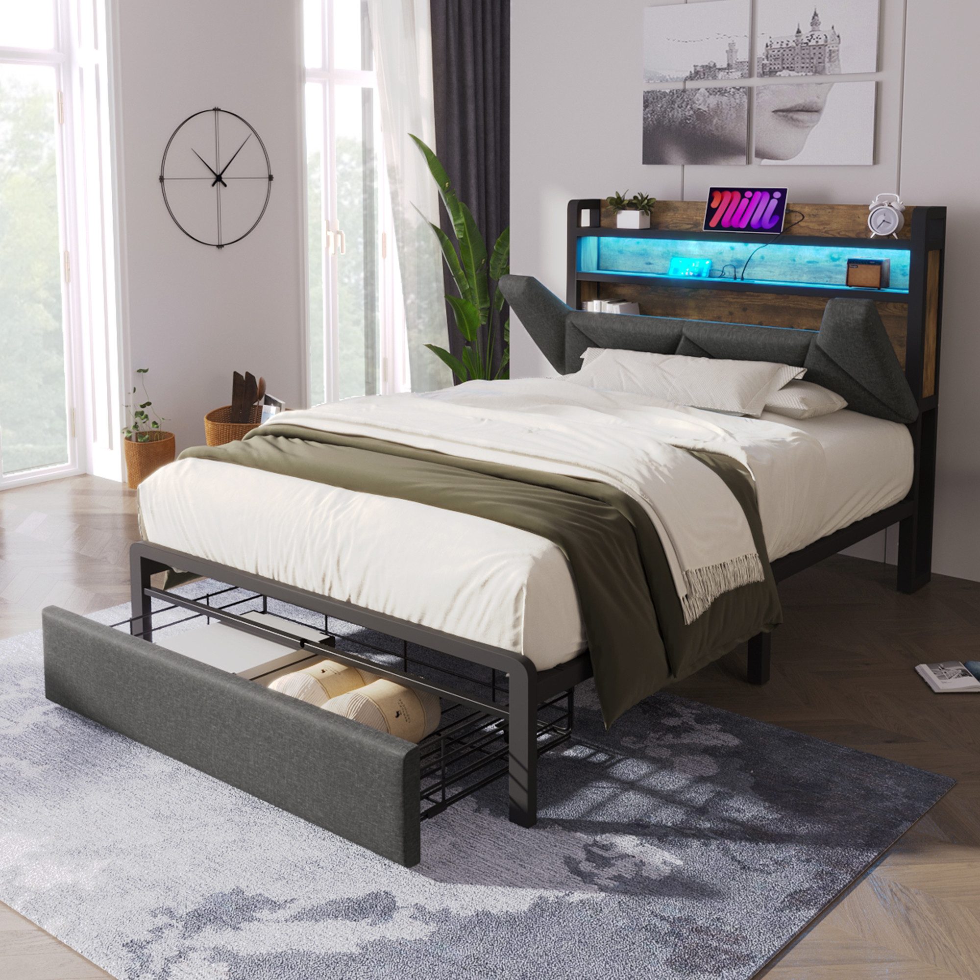 Stilvora Polsterbett 90×200 Bettgestell Stauraumbett Mit Ledjugendbett