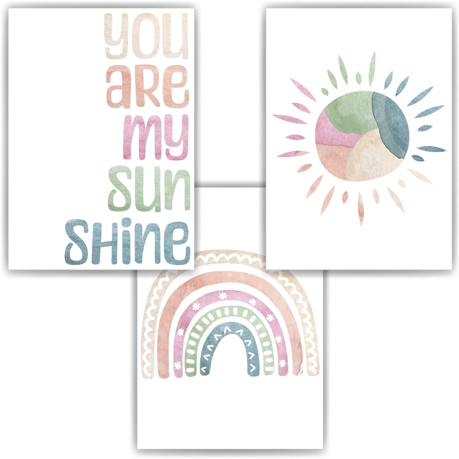 Tigerlino Poster Sunshine 3er Set Bilder Regenbogen Boho Kinderzimmer Wandbilder, Print