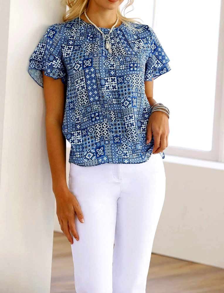 Heine Druckbluse Linea Tesini Damen Designer Druckbluse Blau Weiß