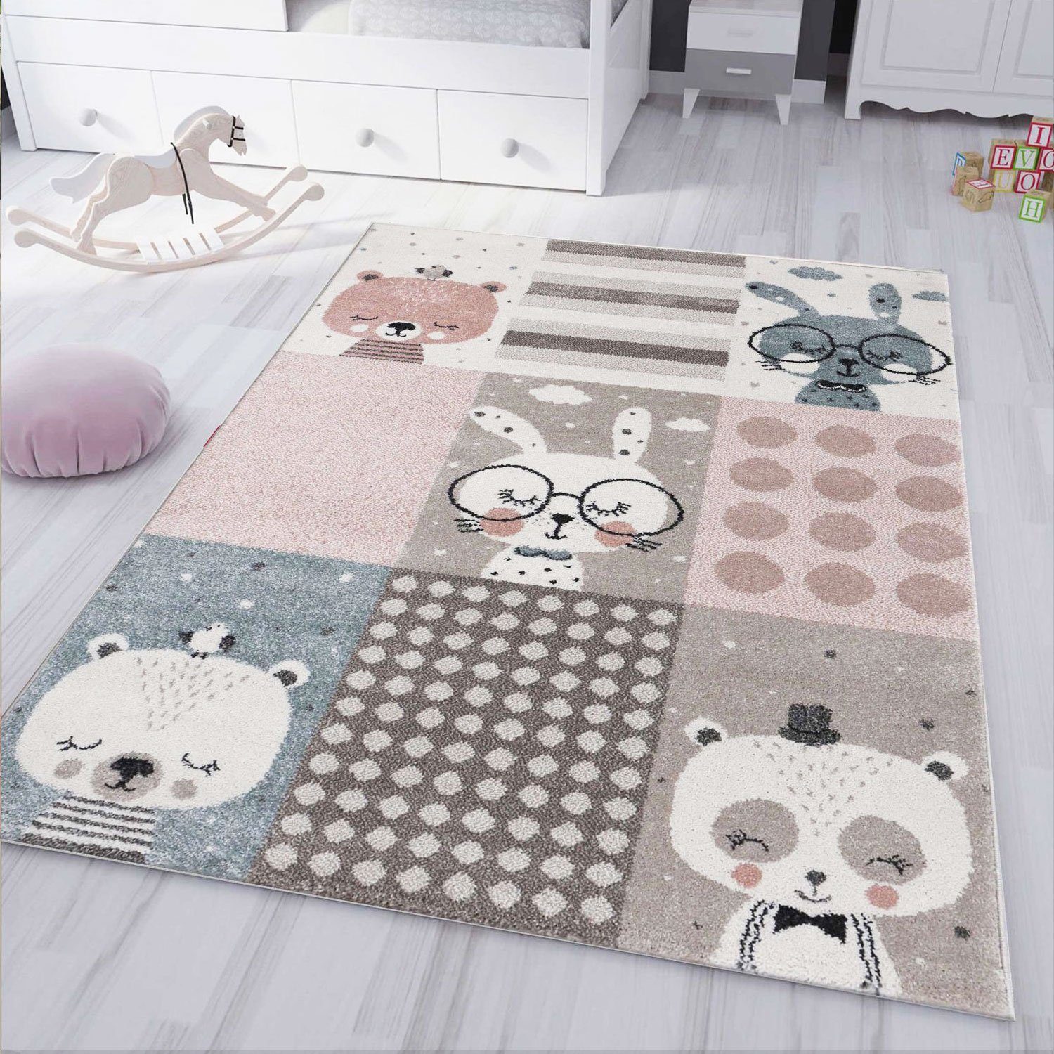 Teppich Kinderteppich Kinderzimmer Teppich Pastell Blau Braun Rosa