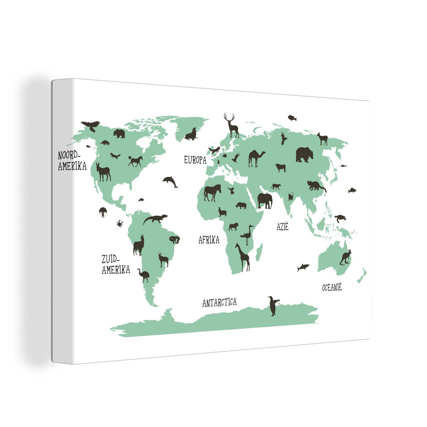 Onemillioncanvasses® Leinwandbild Weltkarte Kinder Tiere Grün