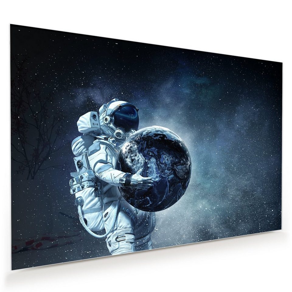 Primedeco Glasbild Wandbild Astronaut mit Erdplaneten mit Aufhängung Primedeco Glasbild Wandbild Astronaut mit Erdplaneten mit Aufhängung