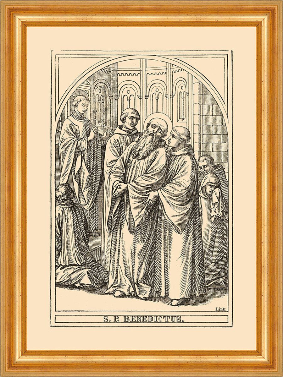 Kunstdruck Der heilige Benedikt Benedictus Holzstich Sankt A4 1062 Gerahmt, (1 St)