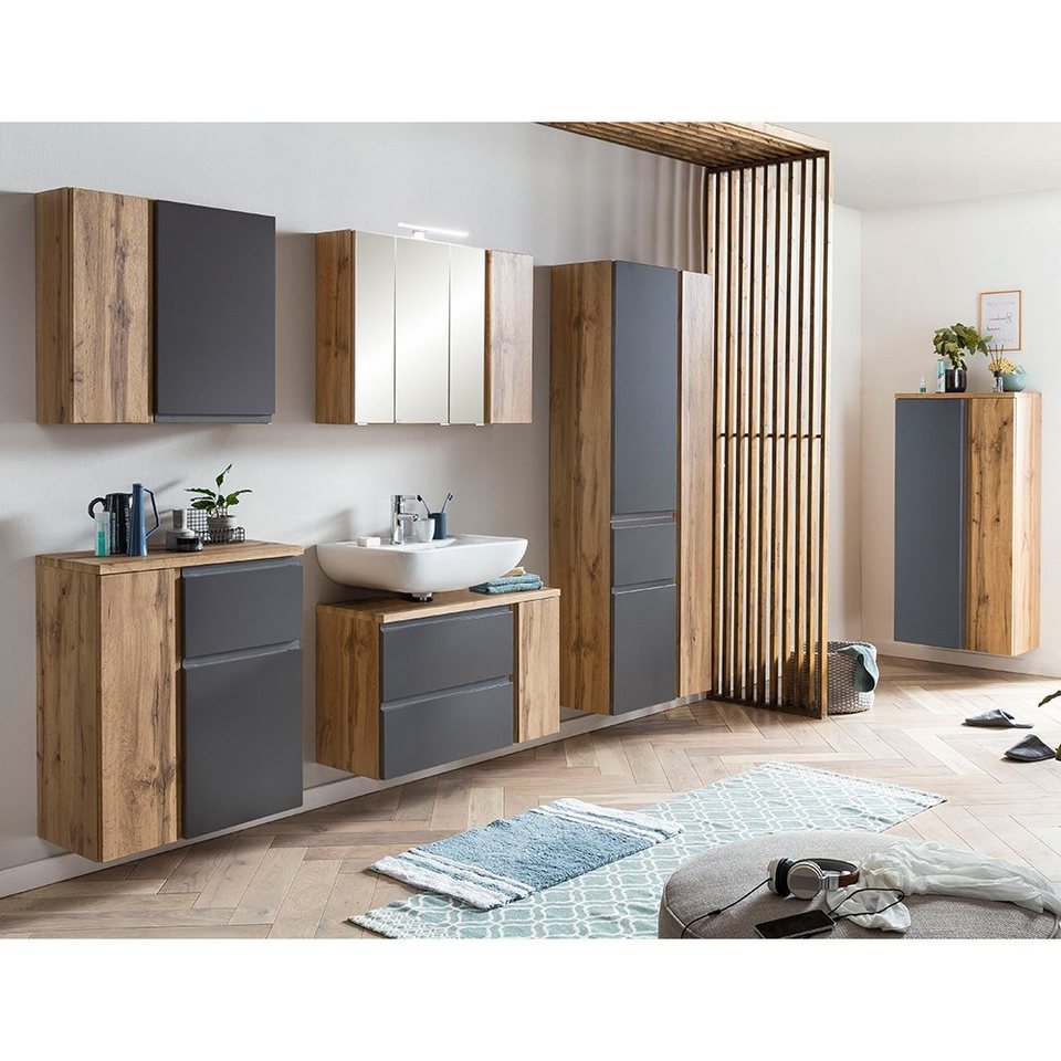 Lomadox Badmöbel Set Vasto 03 Grey 6 St 6 Tlg In Wotan Eiche Nb