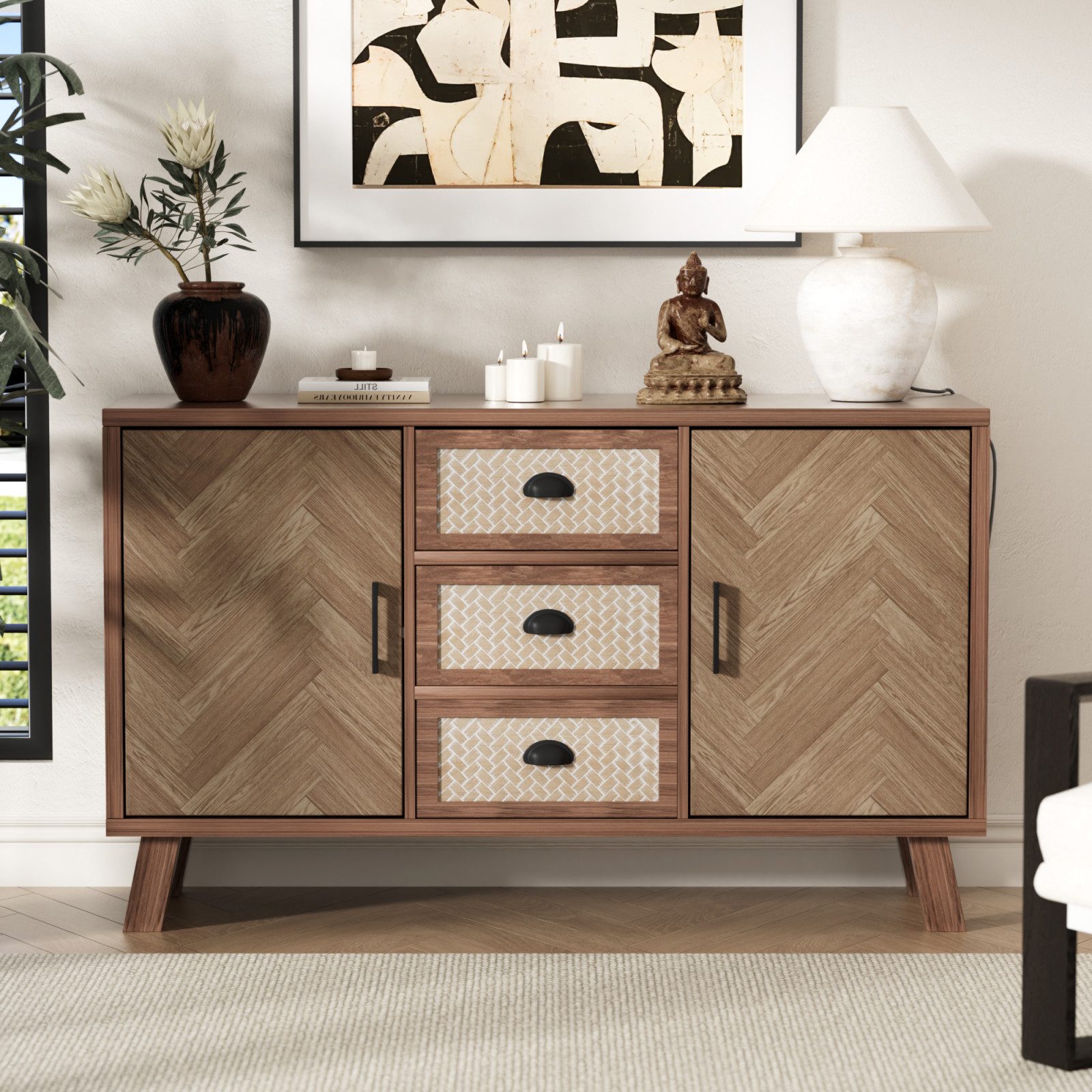 Furokoy Sideboard Anrichte Fischgrätenmuster Mit 3 Schubladen Und 2