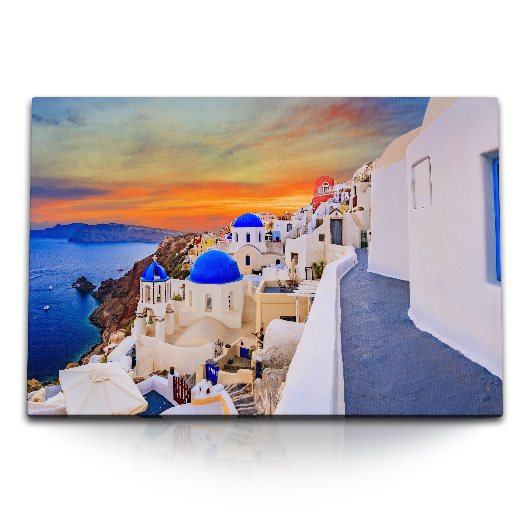Sinus Art Leinwandbild 120x80cm Wandbild auf Leinwand Griechenland Santorini Abendrot weiße H ...