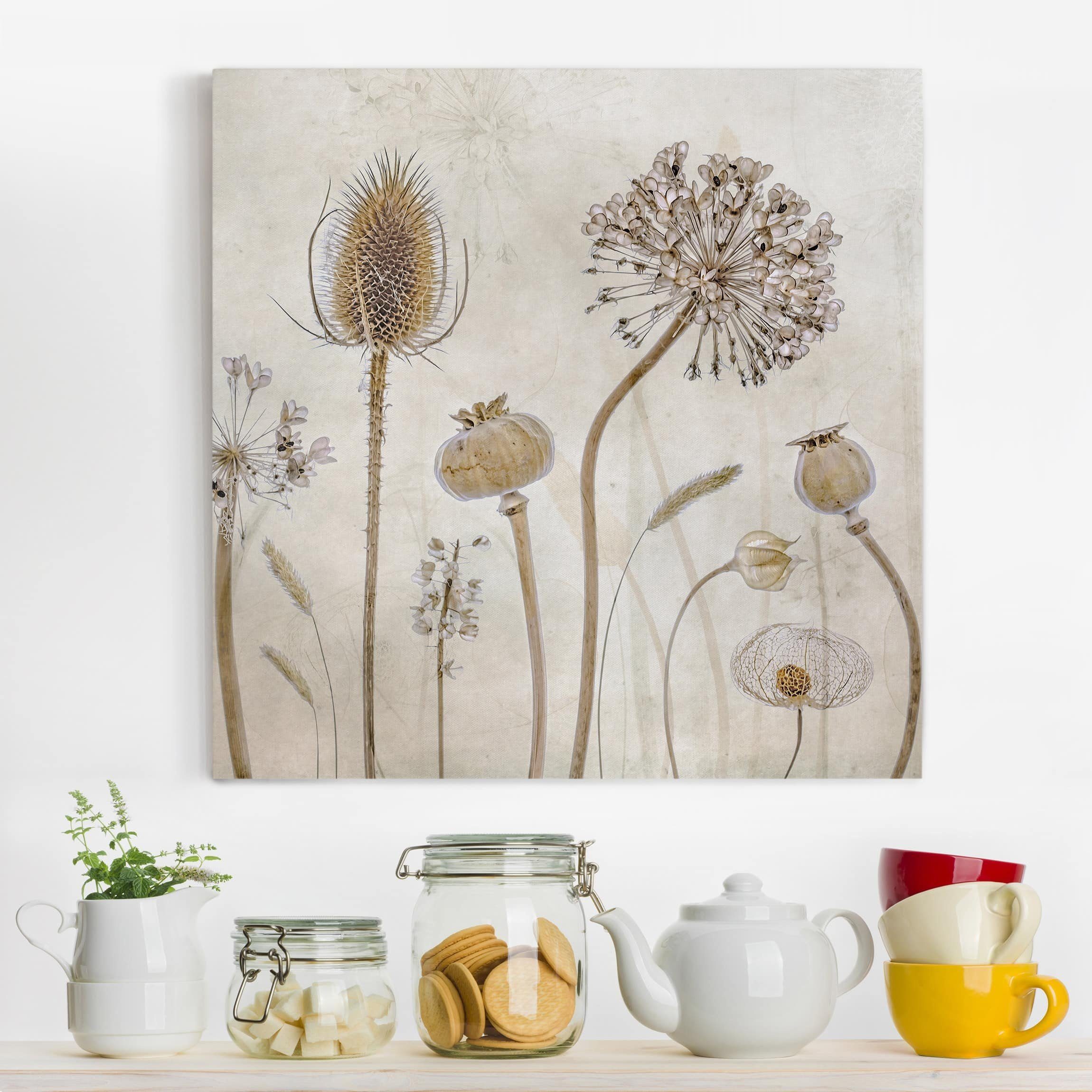 Bilderdepot24 Leinwandbild Vintage Retro Modern Landhaus Blumen creme beige Bild auf Leinwand ...