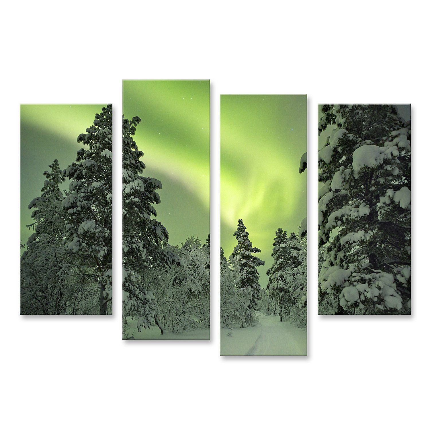 islandburner Leinwandbild Bild auf Leinwand Aurora Borealis über Pfad Winterlandschaft Finnisch