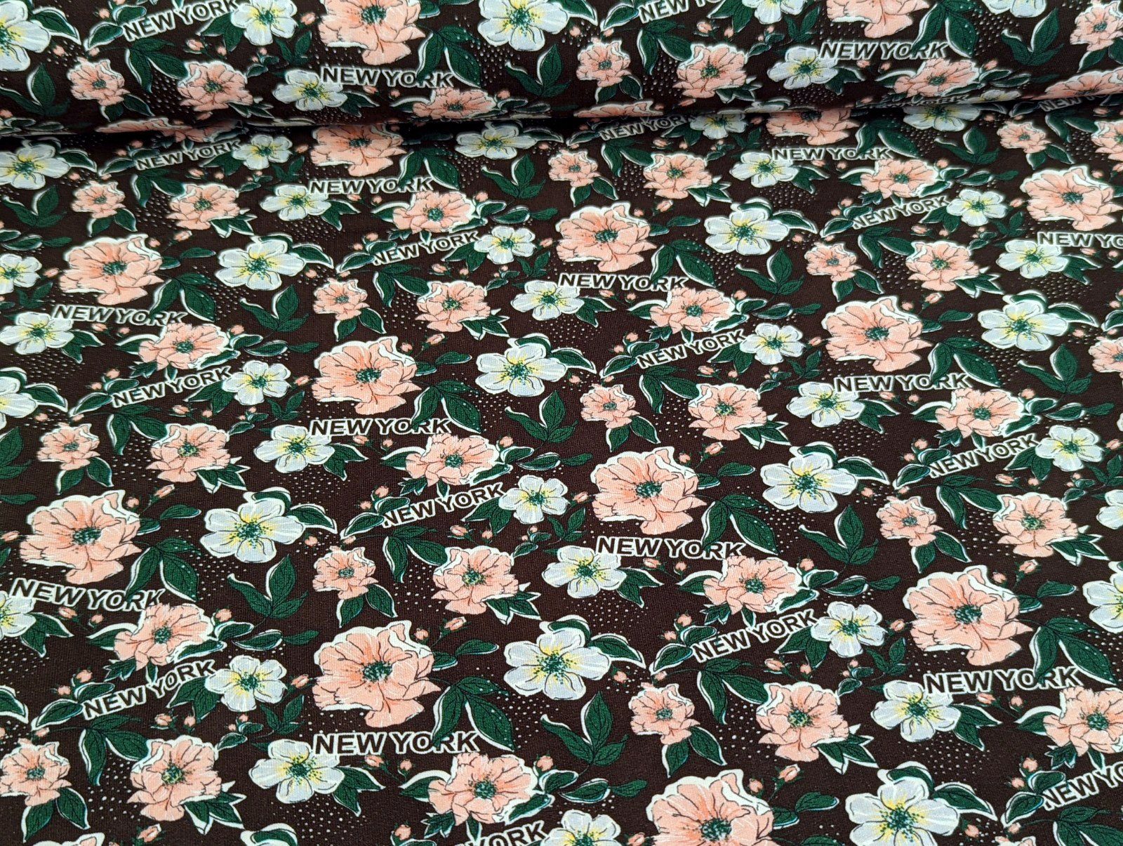 Corileo Stoff French Terry Everything is possible Blumen auf Dunkelbraun Stoff Meterware
