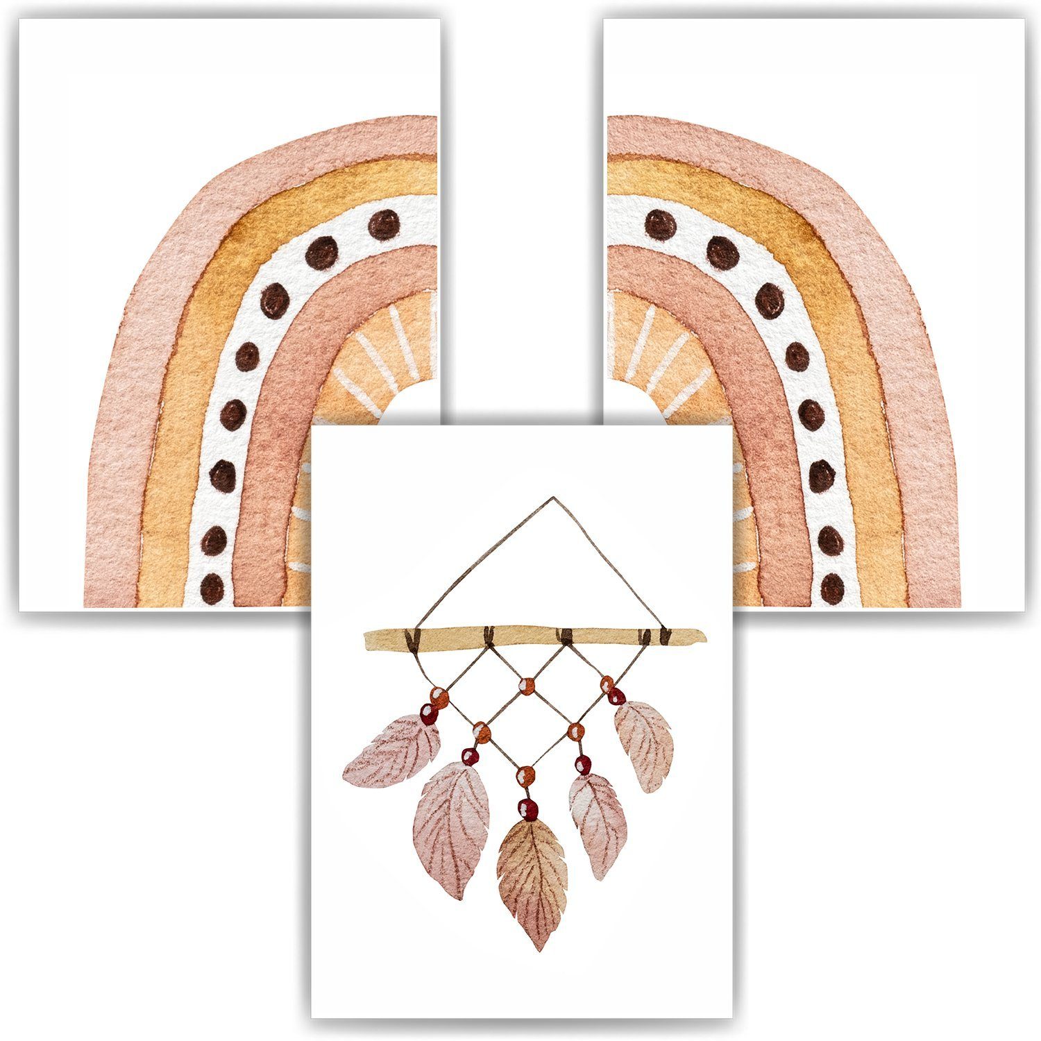 Tigerlino Poster Boho Regenbogen Feder 3er Set Kinderzimmer Wandbilder, Print