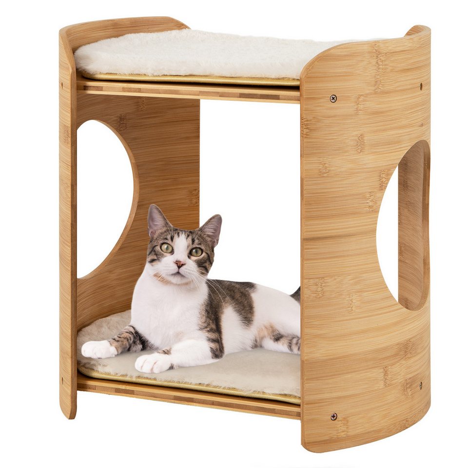 Costway Tierbett 2 Etagen Katzenhaus Mit 2 Betten Aus Bambus