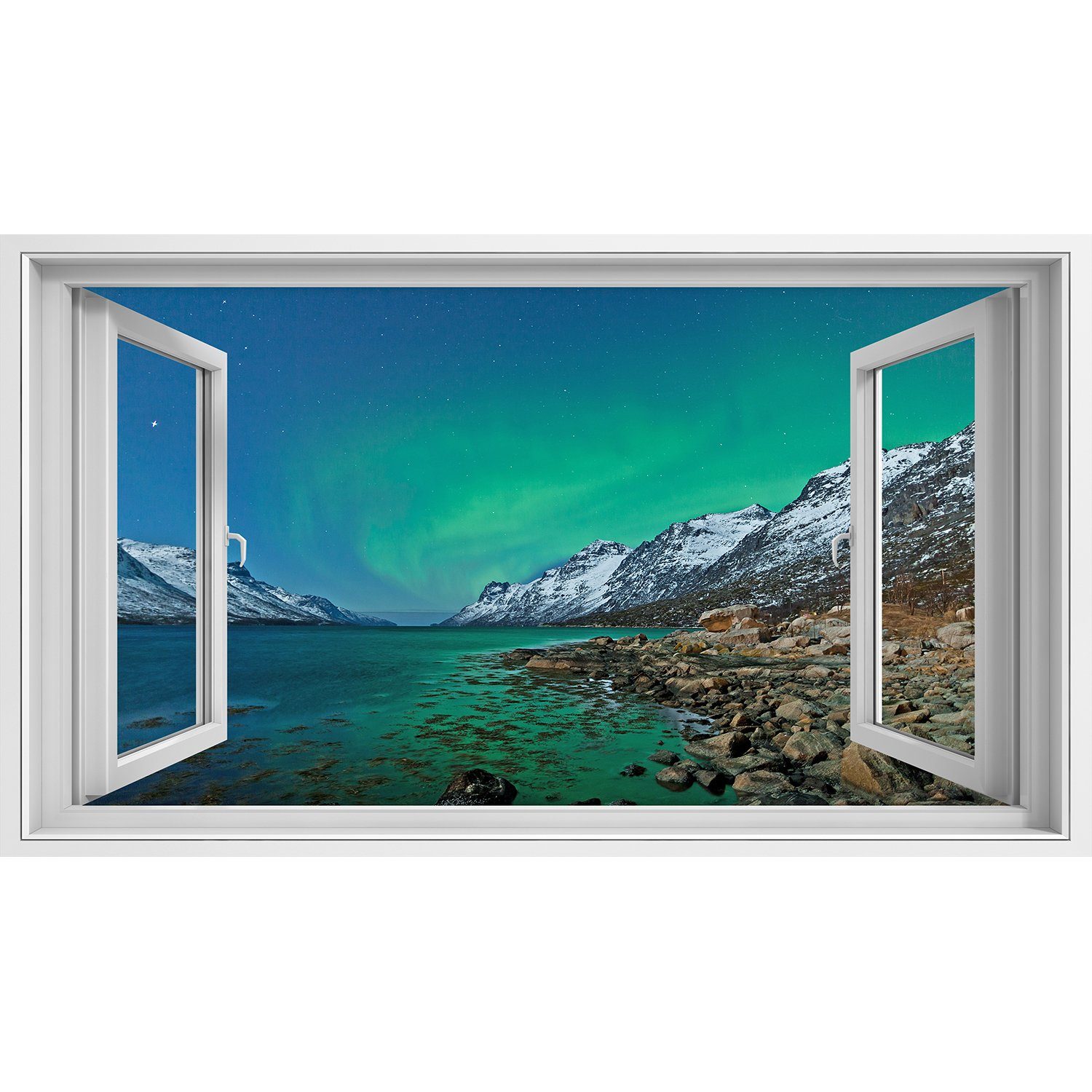 islandburner Leinwandbild Fensterblick Polarlicht Nordlicht Reflexion mit Fjorden Sagenhafter Ef