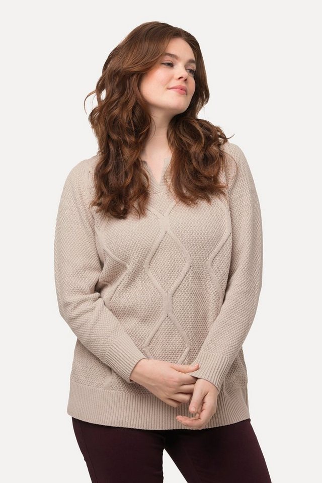 Ulla Popken Strickpullover Pullover Zopfmuster Tunika Ausschnitt Langarm