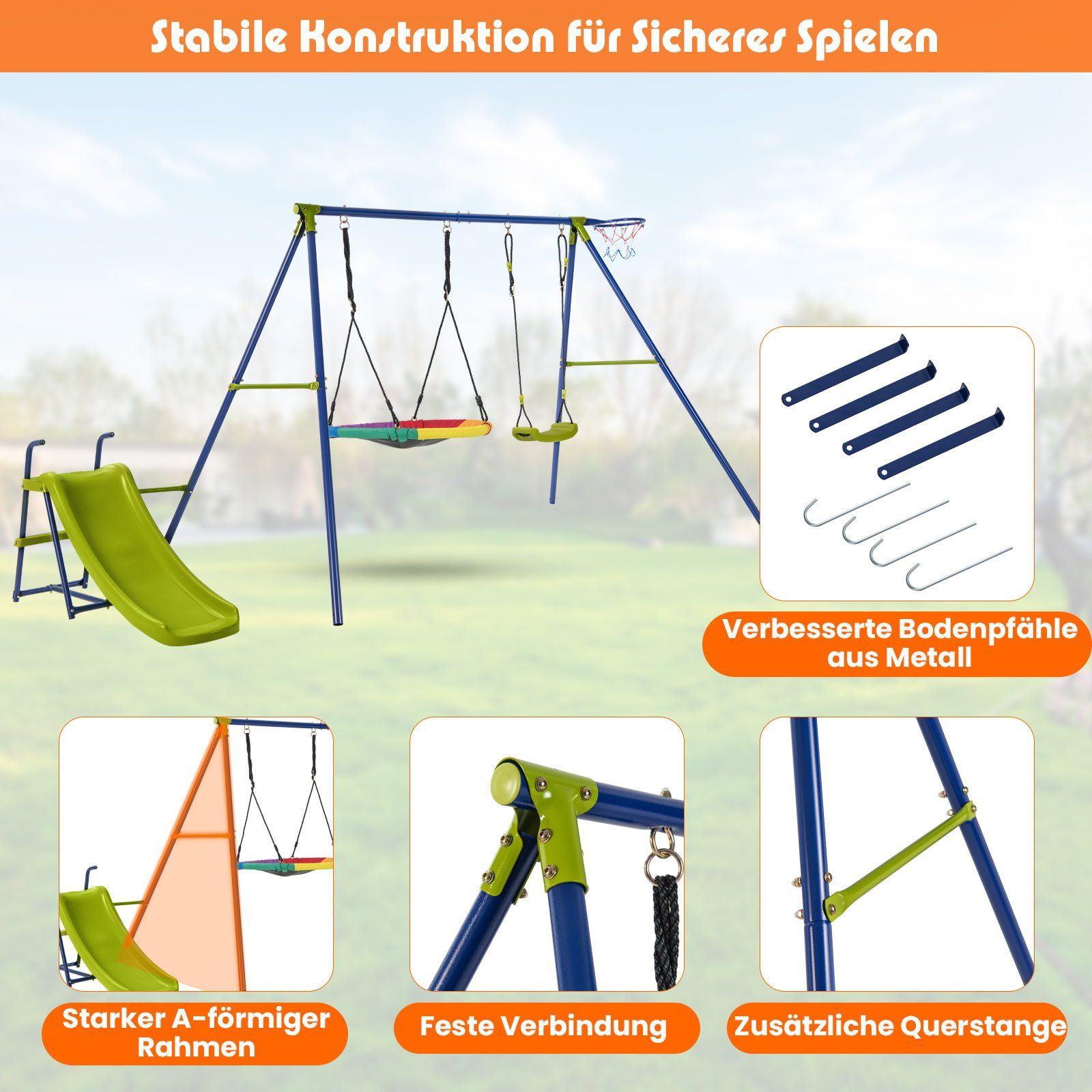 COSTWAY Doppelschaukel Spielturm, mit Rutsche & Basketballkorb, aus Metall