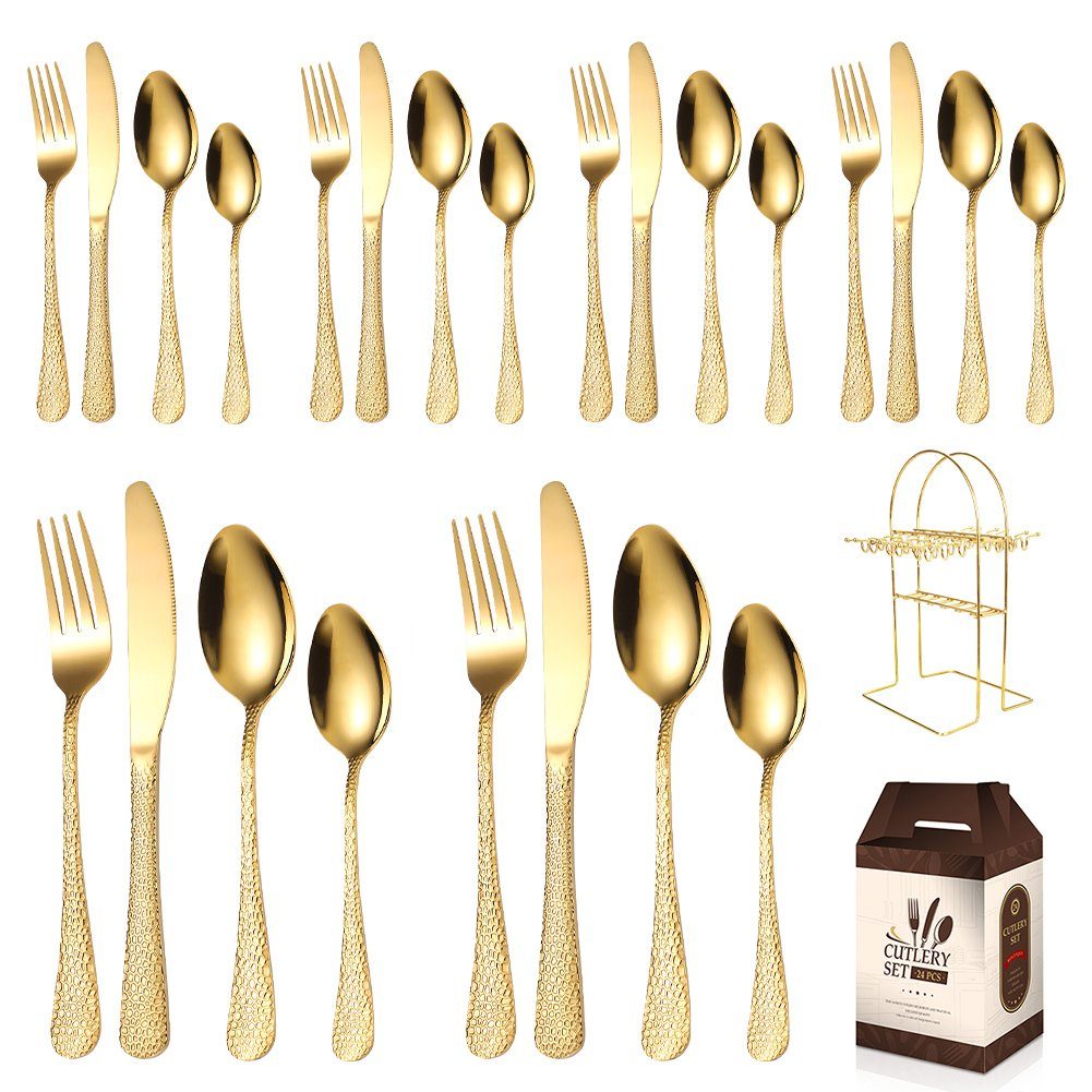 Keenzo Besteck Set 24 Teilig Essbesteck Set Mit Ständer Gehämmert Griff