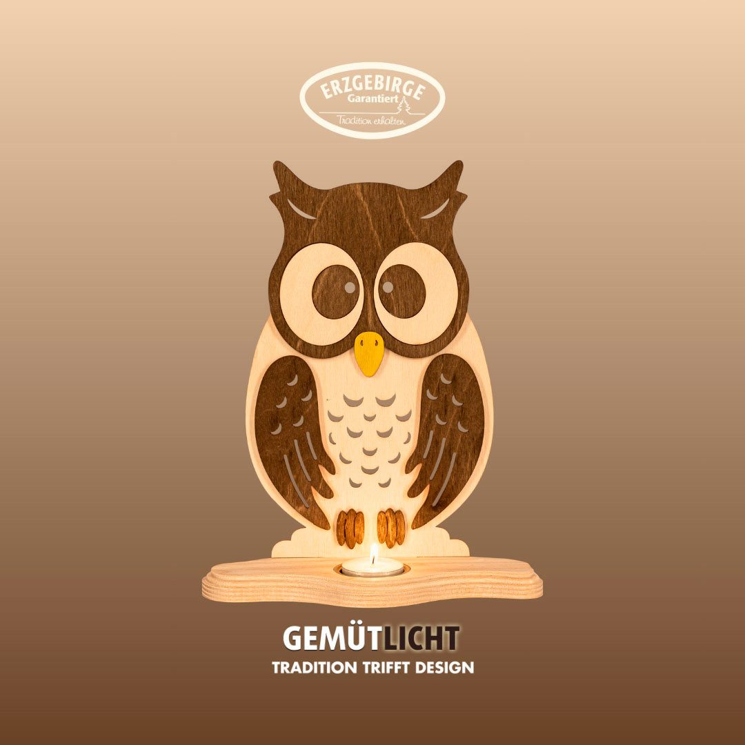Weigla Teelichthalter Eule aus Holz, für 1 Teelicht, NATUR-BRAUN, Erzgebirge garantiert ...