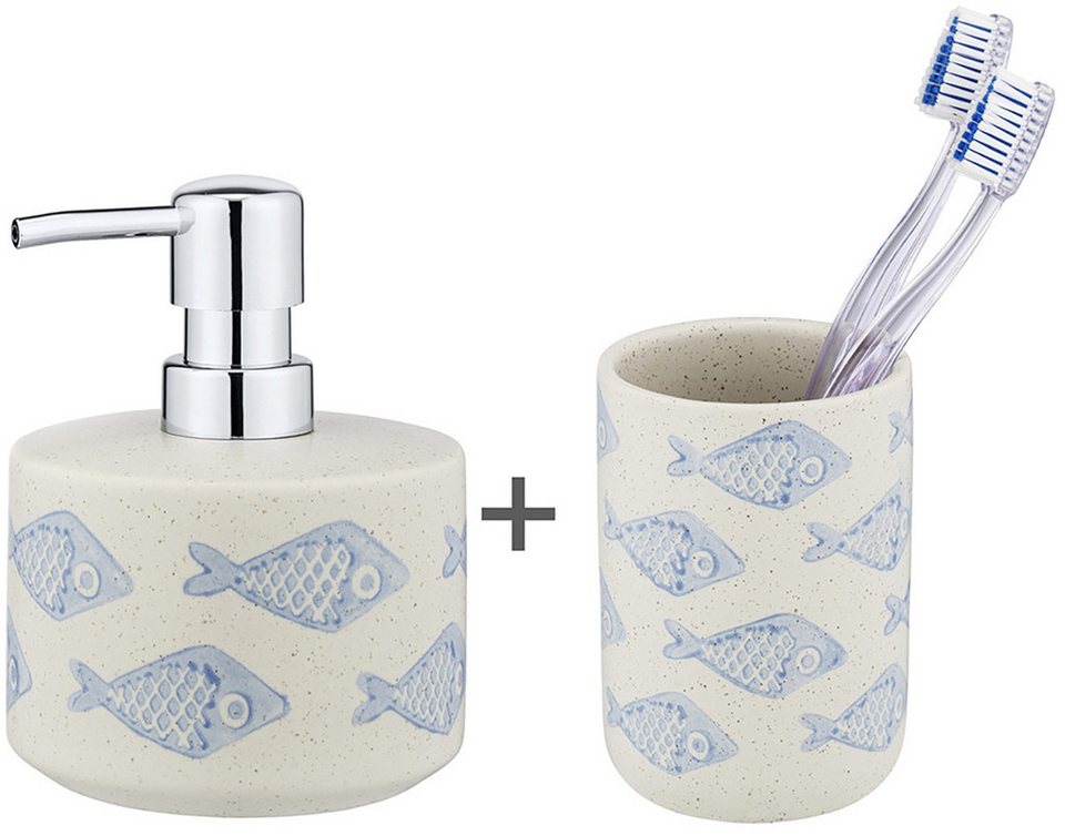 Wenko Badaccessoire Set Modell Aquamarin Beige 2 Tlg Seifenspender