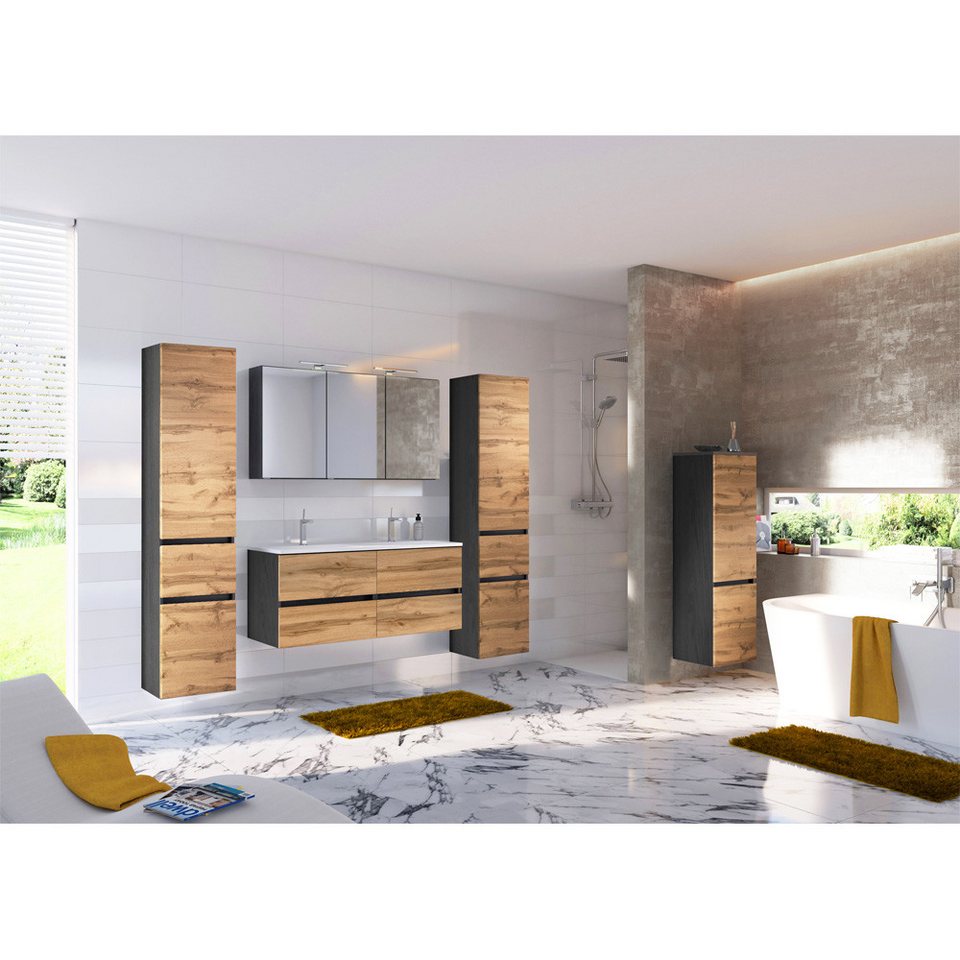 Lomadox Badmöbel Set Lourosa 03 Spar Set 5 St Grau Mit Wotaneiche