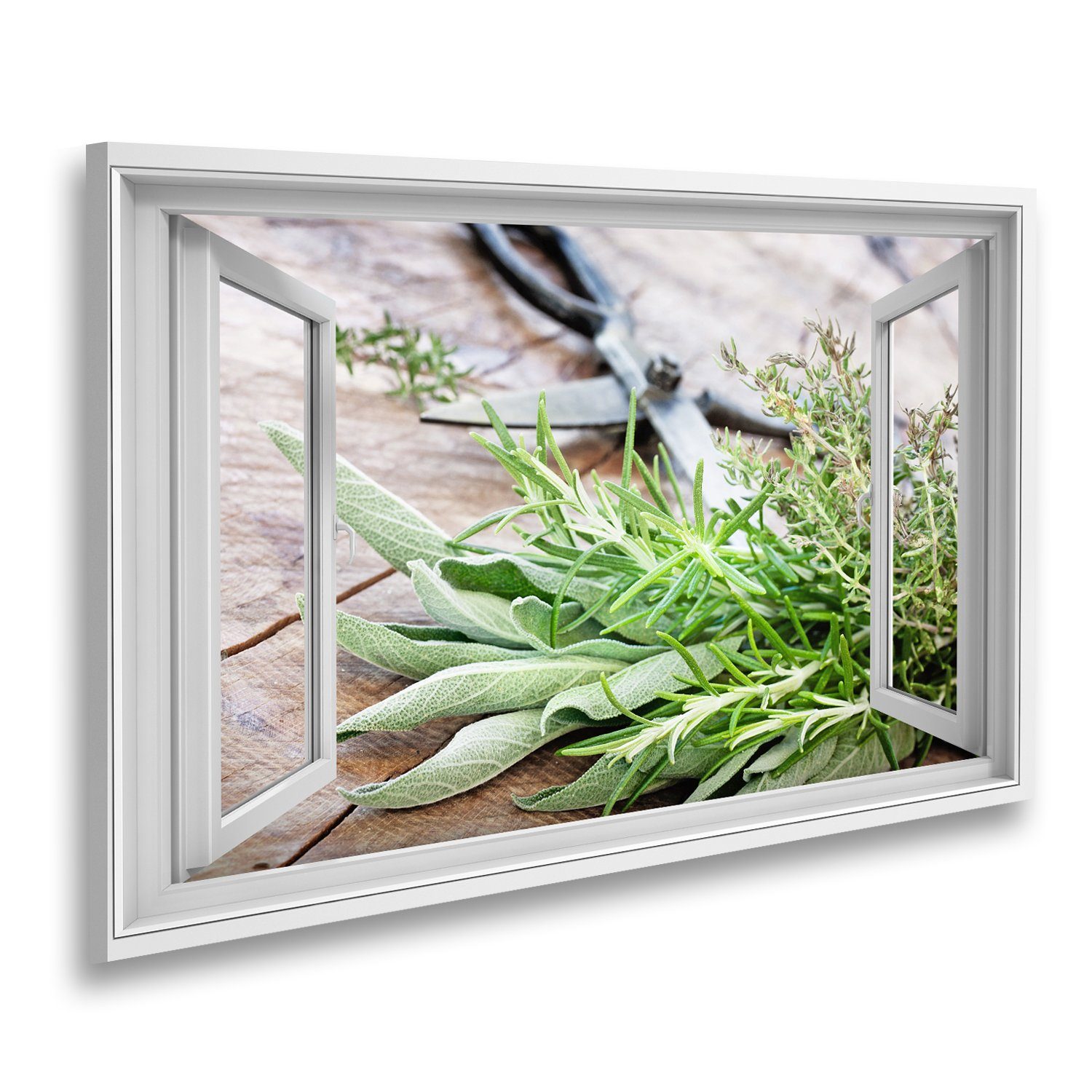 islandburner Leinwandbild Fensterblick Frisch geerntete Kräuter mit alten antiken Scheren auf Ho