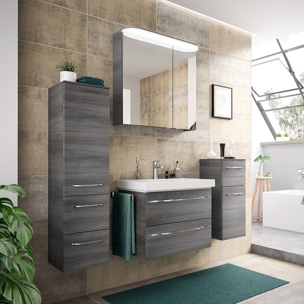 Lomadox Badmöbel-Set BUDVA-66, (Spar-Set, 4-St), Graphit Struktur quer Nb. 161/200/44 cm